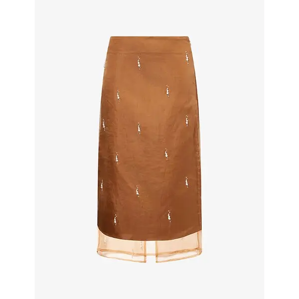 ROHE FRAMES Pearl-embroidered Silk Midi Skirt - Cognac