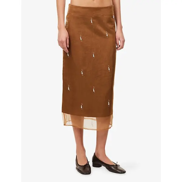 ROHE FRAMES Pearl-embroidered Silk Midi Skirt