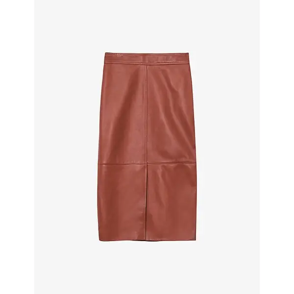 REISS Miley High-rise Leather Midi Skirt - Rust Orange