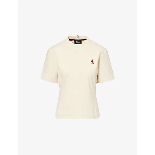 Moncler Logo-patch Contrast Cuff-trim Cotton T-shirt - Natural