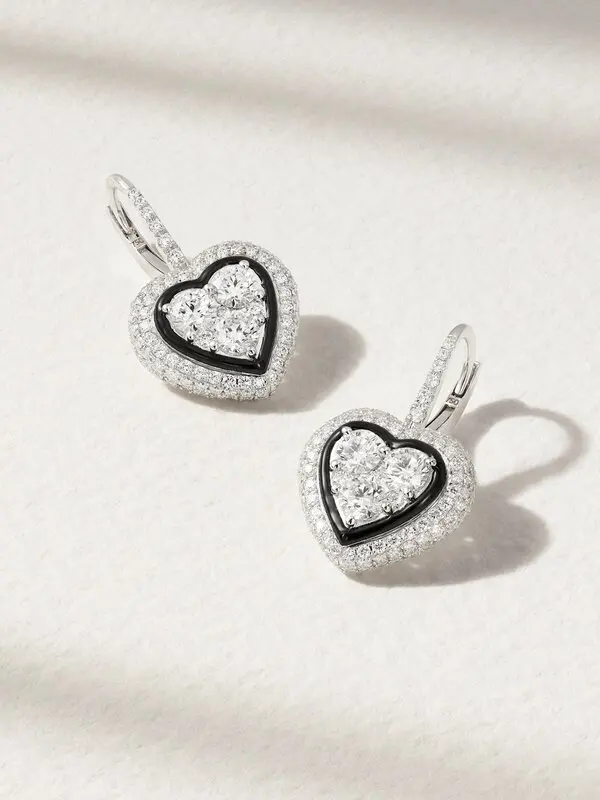 KAMYEN Heart Shaped 18-karat White Gold, Diamond And Enamel Hoop Earrings - Neutrals