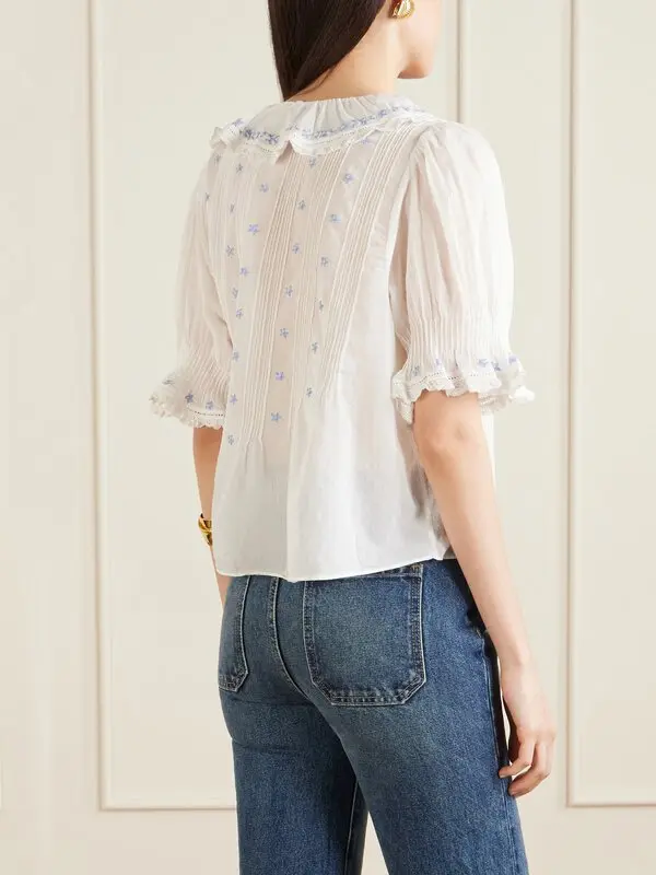 DÔEN Hettie Lace-trimmed Embroidered Organic Cotton-voile Blouse - White