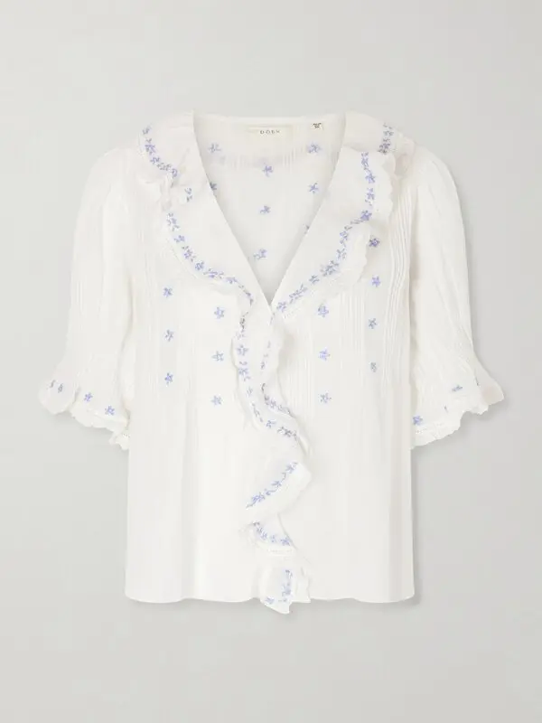 DÔEN Hettie Lace-trimmed Embroidered Organic Cotton-voile Blouse - White