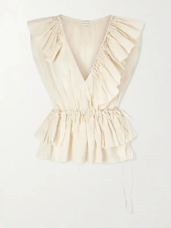 Dries Van Noten Ruffled Gathered Ramie Top - Ivory