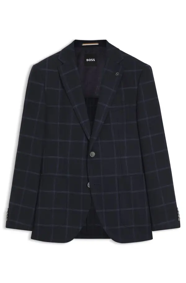 BOSS Checked Regular-fit Jacket In Comfort-stretch Cloth - Dark Blue