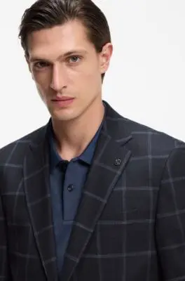 BOSS Checked Regular-fit Jacket In Comfort-stretch Cloth - Dark Blue