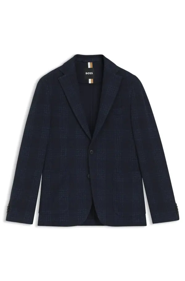 BOSS Checked Slim-fit Jacket In A Cotton Blend - Dark Blue