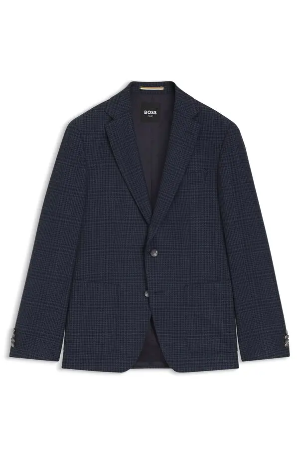 BOSS Checked Slim-fit Jacket In Virgin Wool - Light Blue