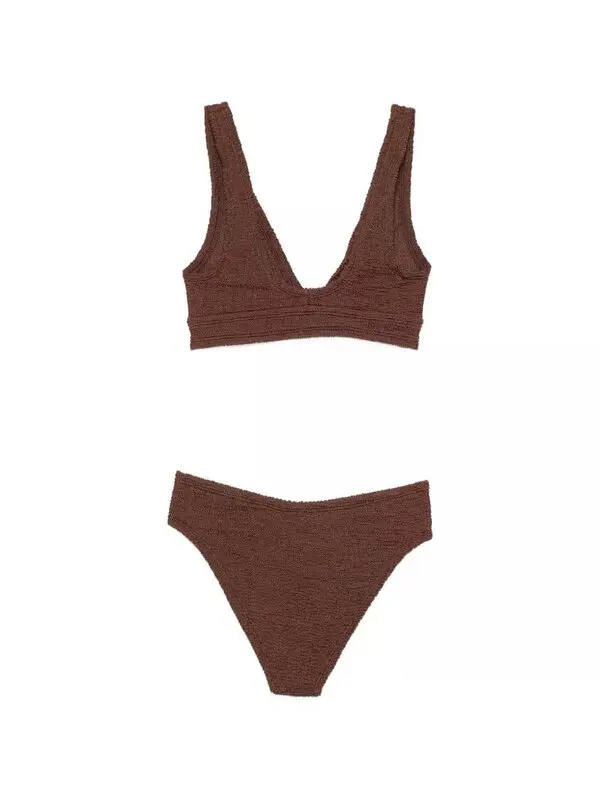 Hunza G V-neck Wide Strap Crinkle Bikini Set - Brown