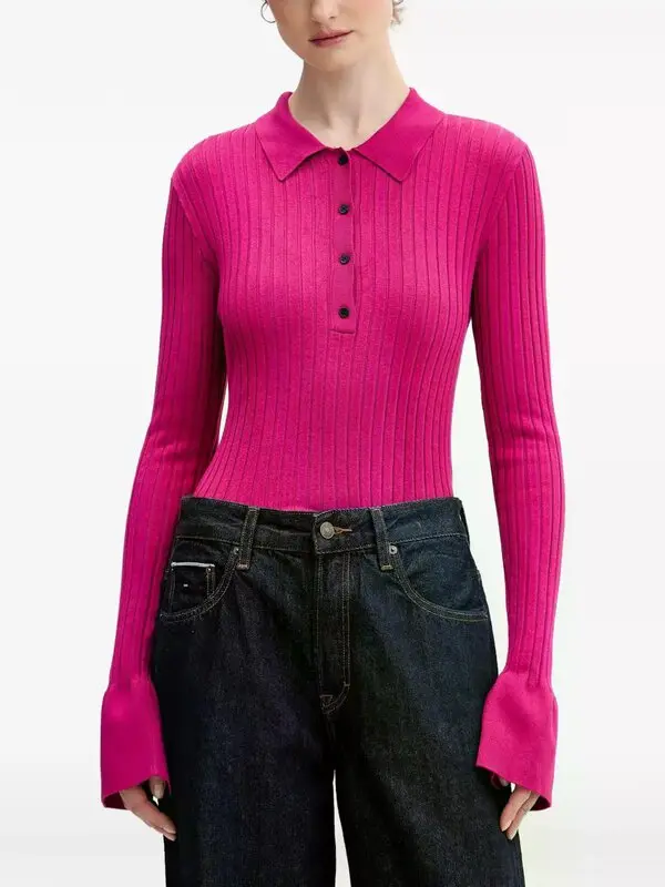 Karl Lagerfeld Ribbed Buttoned Polo Top - Pink