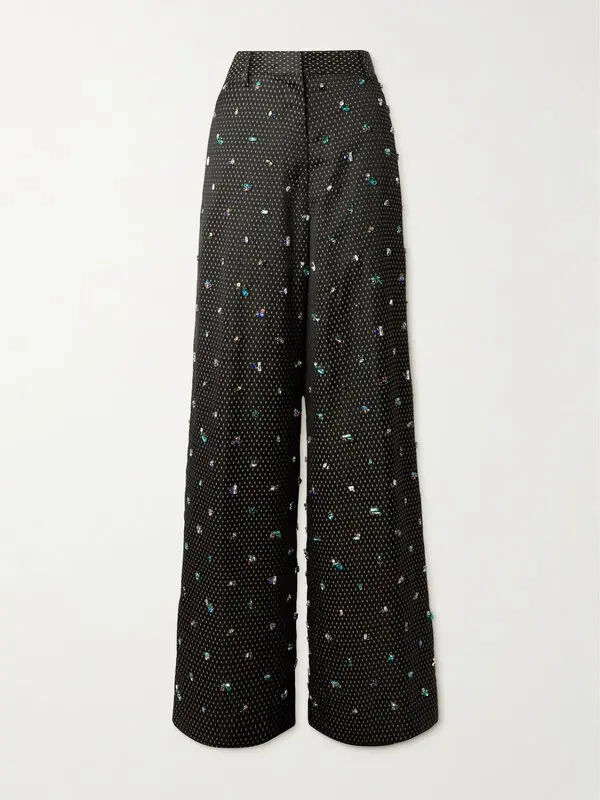 Dries Van Noten Embellished Satin-jacquard Wide-leg Pants - Black