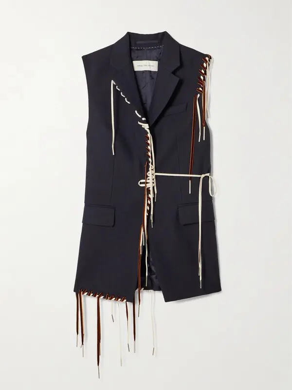 Dries Van Noten Fringed Grosgrain And Velvet-trimmed Herringbone Wool Vest - Blue