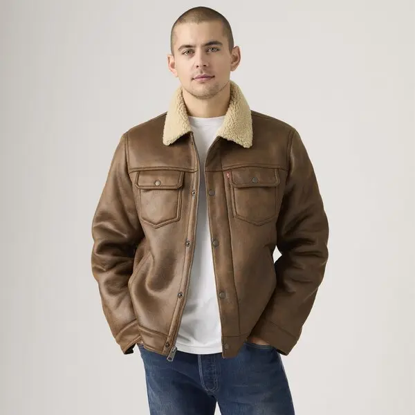 LEVI'S Two Chest Pocket Faux Shearling Jacket - Brown