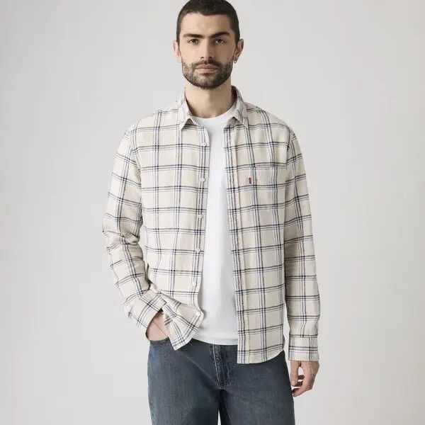 LEVI'S Sunset One Pocket Standard Fit Cotton Linen Shirt - Ishu Plaid Moonbeam Cotton Linen