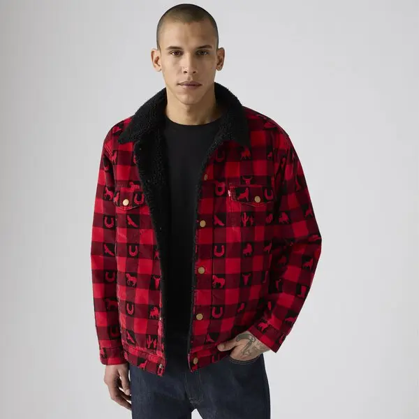 LEVI'S Relaxed Fit Sherpa Plaid Trucker Jacket - Desert Icon Buffalo Print Urban Red