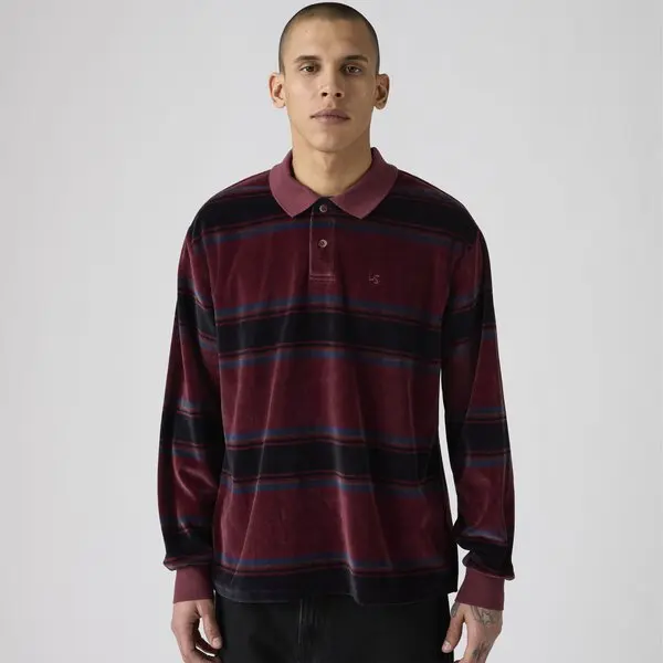 LEVI'S Velour Rugby Polo Sweatshirt - Bask Stripe Tawny Port