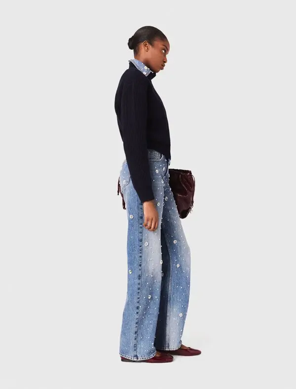 Maje Cotton Wide-leg Embroidered Jeans