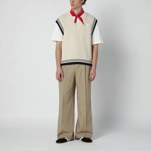 AMI Paris Wide-leg Wool Trousers - Beige