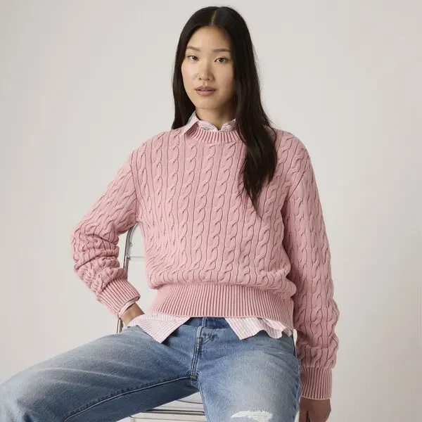 LEVI'S Boyfriend Cable Crewneck Pullover Sweater - Peachskin