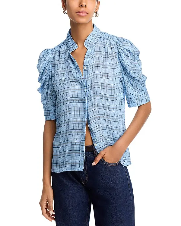 FRAME The Plaid Gillian Silk Blouse - Sky Blue Multi