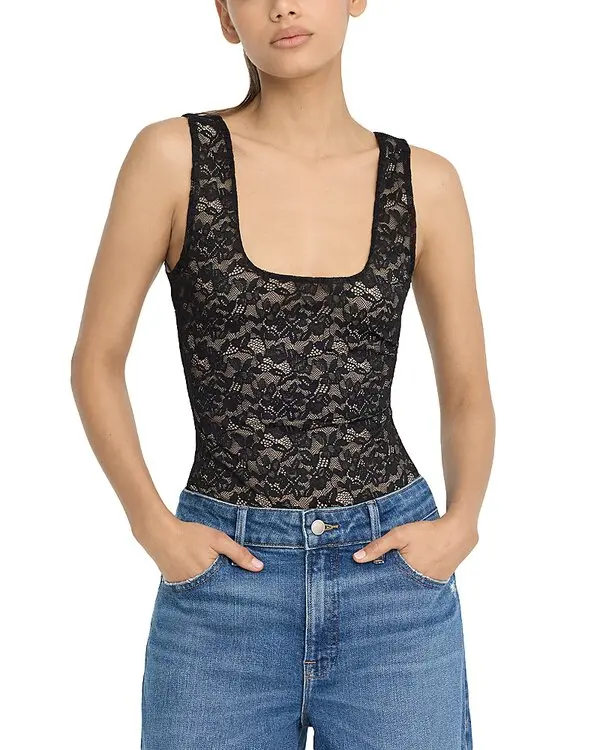 Good American Lace Scoop Tank Bodysuit - Black