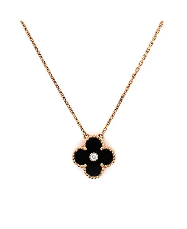VAN CLEEF & ARPELS Vintage-like Alhambra Pendant Necklace 18k Rose Gold And Onyx With Diamond, 16.25 - Pink