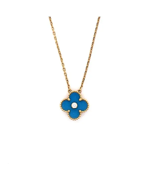VAN CLEEF & ARPELS Vintage-like Alhambra Pendant Necklace 18k And Blue Sevres Porcelain With Diamond, 16.5 - Gold