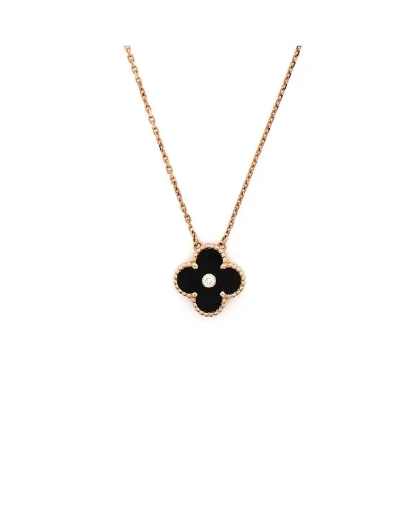 VAN CLEEF & ARPELS Vintage-like Alhambra Pendant Necklace 18k Rose Gold And Onyx With Diamond, 16.5 - Pink