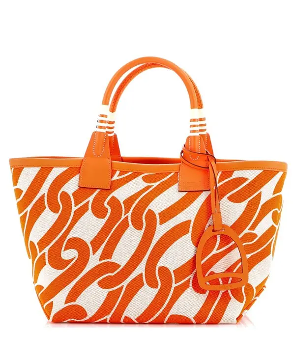 HERMES 25 Sac Steeple Tote Printed Toile With Leather - Orange/ Natural/ Orange