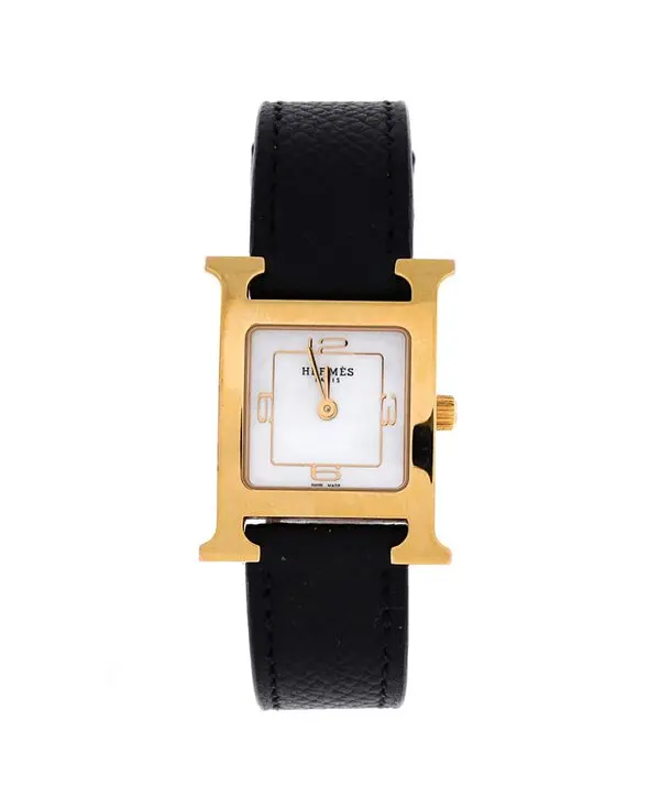 HERMES Heure H Quartz Watch In Plated Metal And Leather With Mother Of Pearl 21mm - Dial Color: Multi Color
