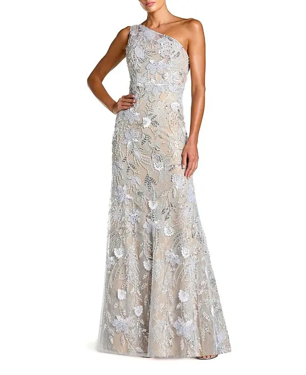 Mac Duggal One Shoulder Embellished Lace Trumpet Gown - Powder Blue