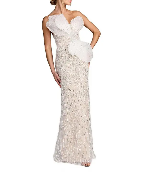 Mac Duggal Sequin Organza Strapless Bow Detail Column Gown - Ivory Nude
