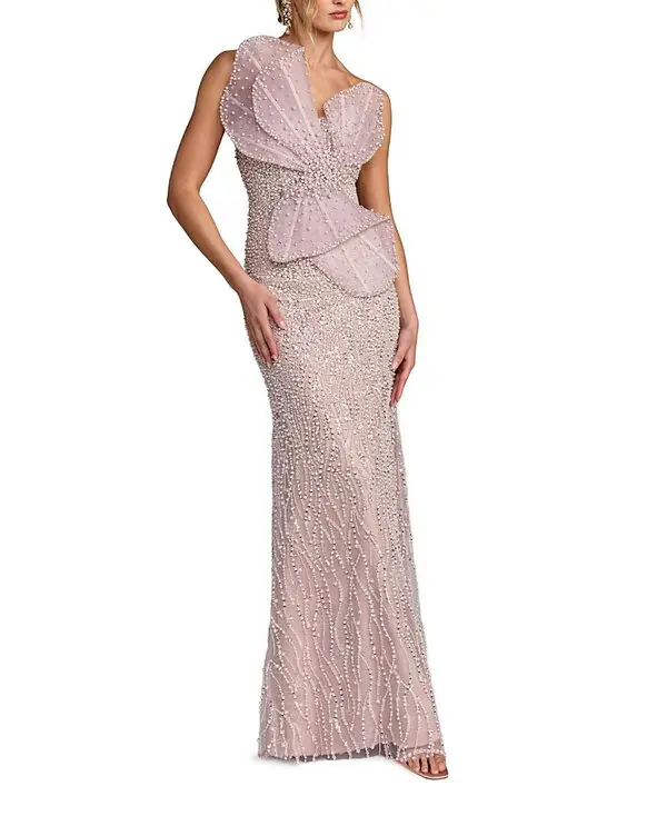 Mac Duggal Sequin Organza Strapless Bow Detail Column Gown - Mocha