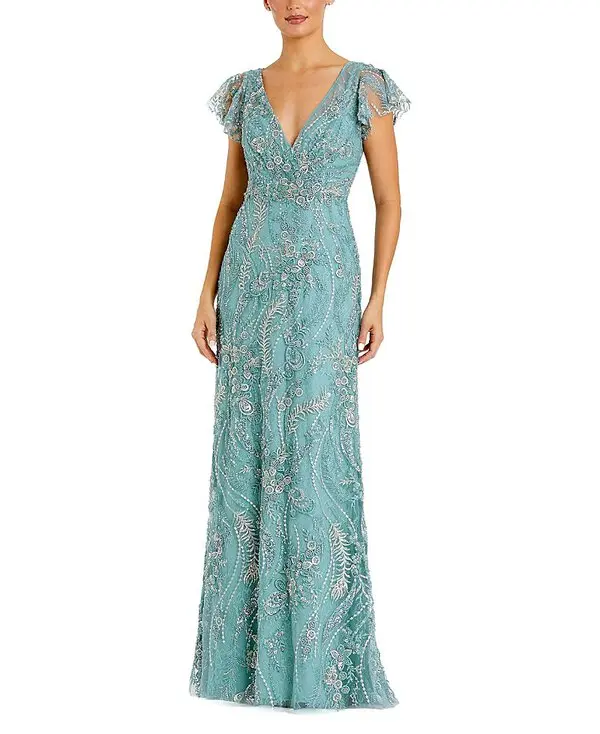 Mac Duggal Petite V-neck Flutter Sleeve Floral Embroidered Gown - Seafoam