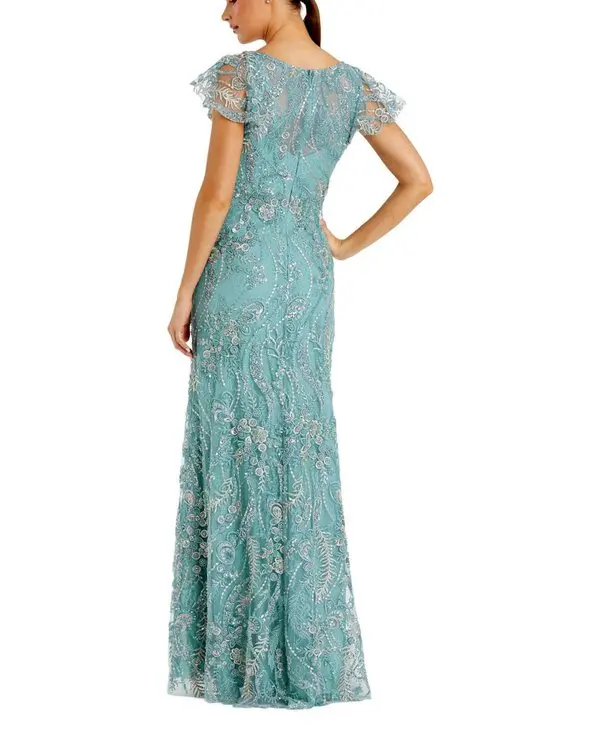 Mac Duggal Petite V-neck Flutter Sleeve Floral Embroidered Gown - Seafoam