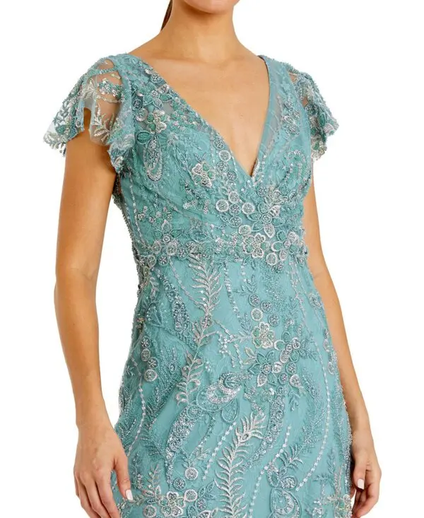 Mac Duggal Petite V-neck Flutter Sleeve Floral Embroidered Gown - Seafoam