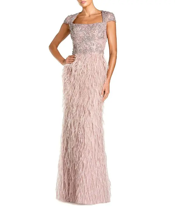 Mac Duggal Embellished Cap Sleeve Feather Gown - Mocha