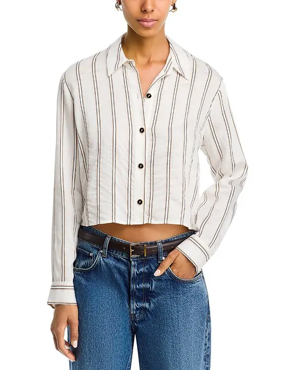L'Agence Cosette Crop Hi Low Shirt - Ivory/khaki/black Stripe