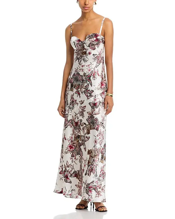 L'Agence Sayla Bias Cut Silk Maxi Dress - White Butterfly Jungle