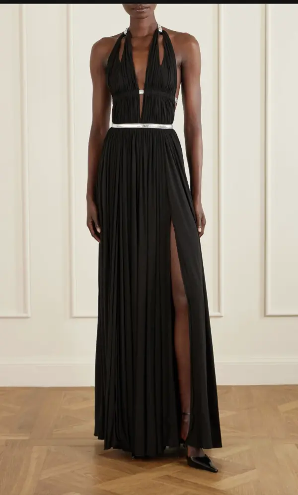 Alaïa Metallic Elaphe-trimmed Pleated Jersey Gown - Black