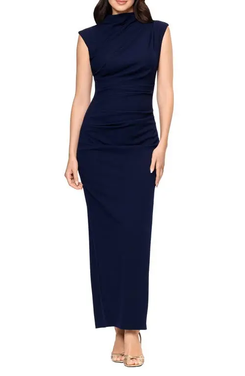 Betsy & Adam Pleated Sleeveless Column Gown - Navy