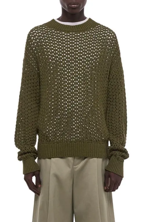 Helmut Lang Open Stitch Organic Cotton Blend Crewneck Sweater - Olive
