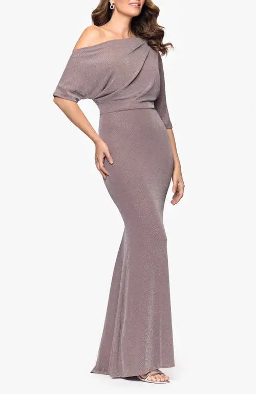 Betsy & Adam Shimmer One-shoulder Gown - Taupe/silver