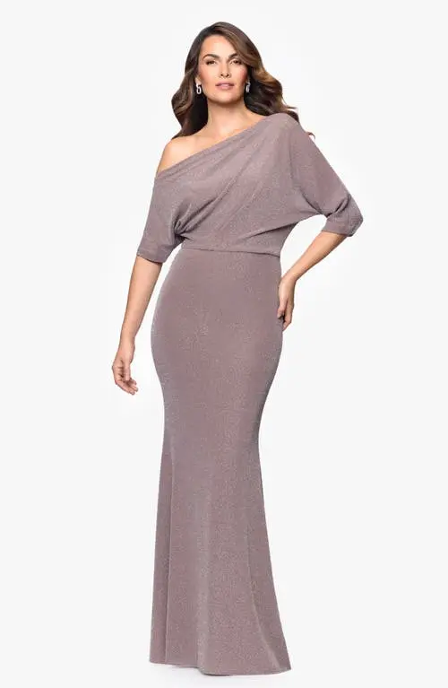 Betsy & Adam Shimmer One-shoulder Gown