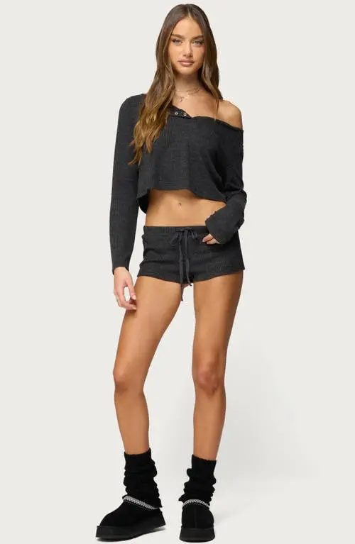 EDIKTED Waffle Knit Off-the-shoulder Crop Top - Black
