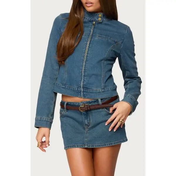 EDIKTED Crop Stretch Denim Jacket - Blue-washed