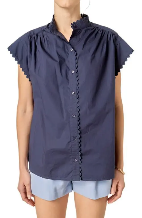 English Factory Rickrack Trim Button-up Cotton Shirt - Navy