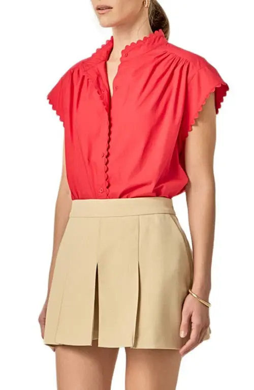 English Factory Rickrack Trim Button-up Cotton Shirt - Red