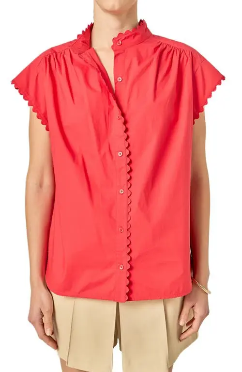 English Factory Rickrack Trim Button-up Cotton Shirt - Red