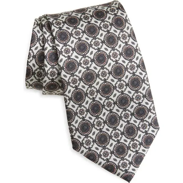 JACK VICTOR Cromwell Medallion Print Silk Neck Tie - Ecru
